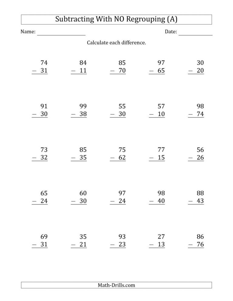 2-Digit Minus 2-Digit Subtraction With No Regrouping (A) | Printable ...