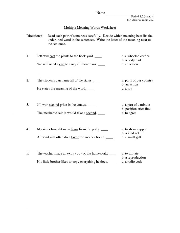 2Nd Grade Multiple Meaning Words Worksheets Multi Meanings Middle ...