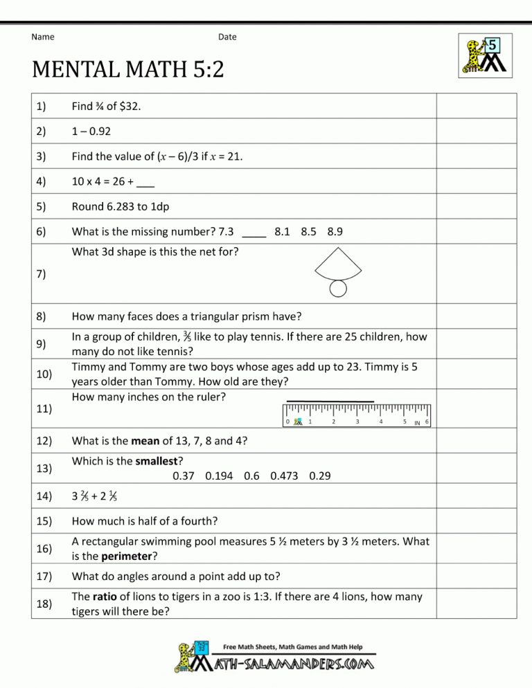 5Th Grade Mental Math Worksheet 5Th Grade 2 | School | Mental Maths ...