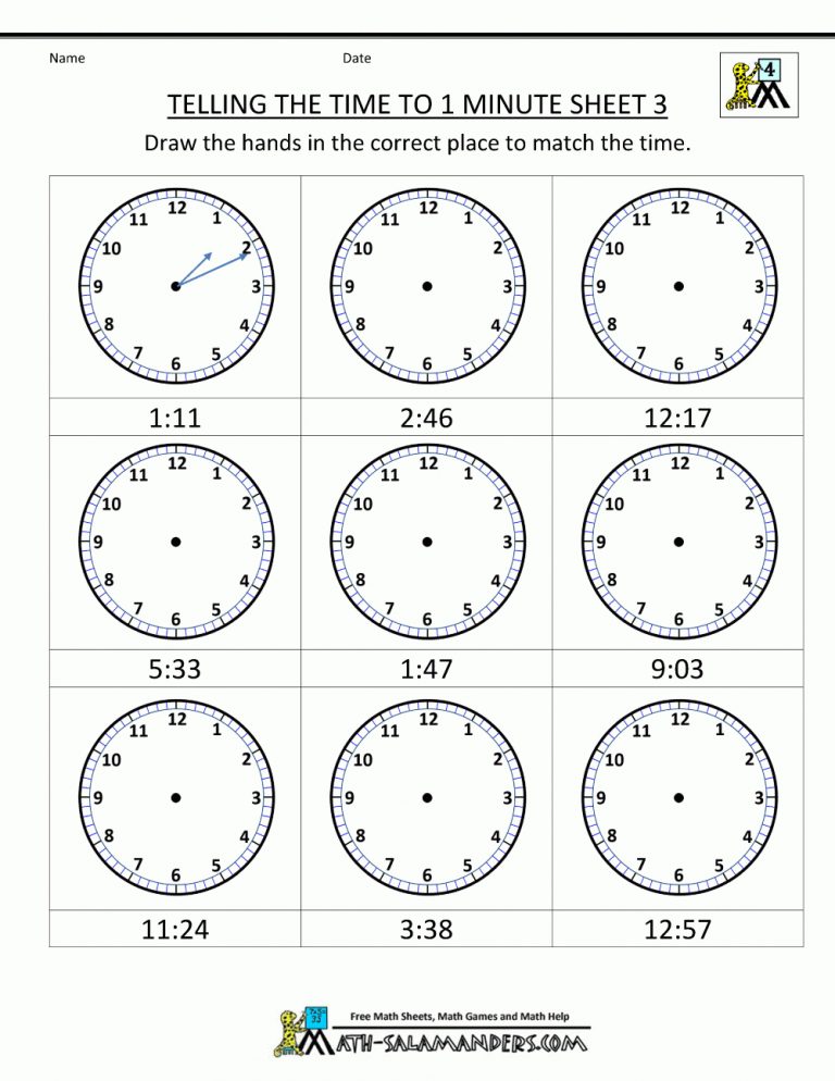 Clock Worksheets - To 1 Minute | Printable Clock Worksheets - Printable ...