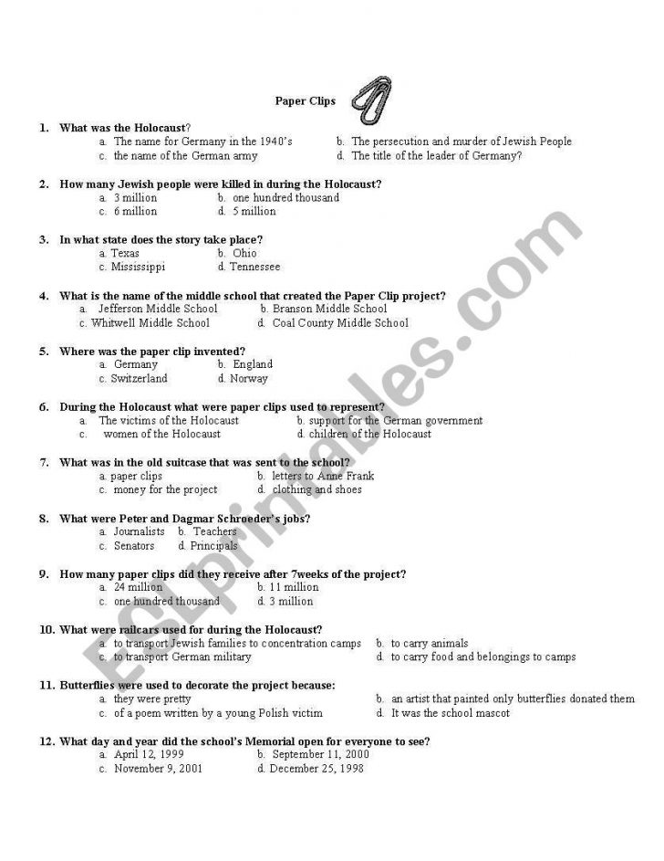 English Worksheets: Paper Clips | Holocaust Printable Worksheets ...