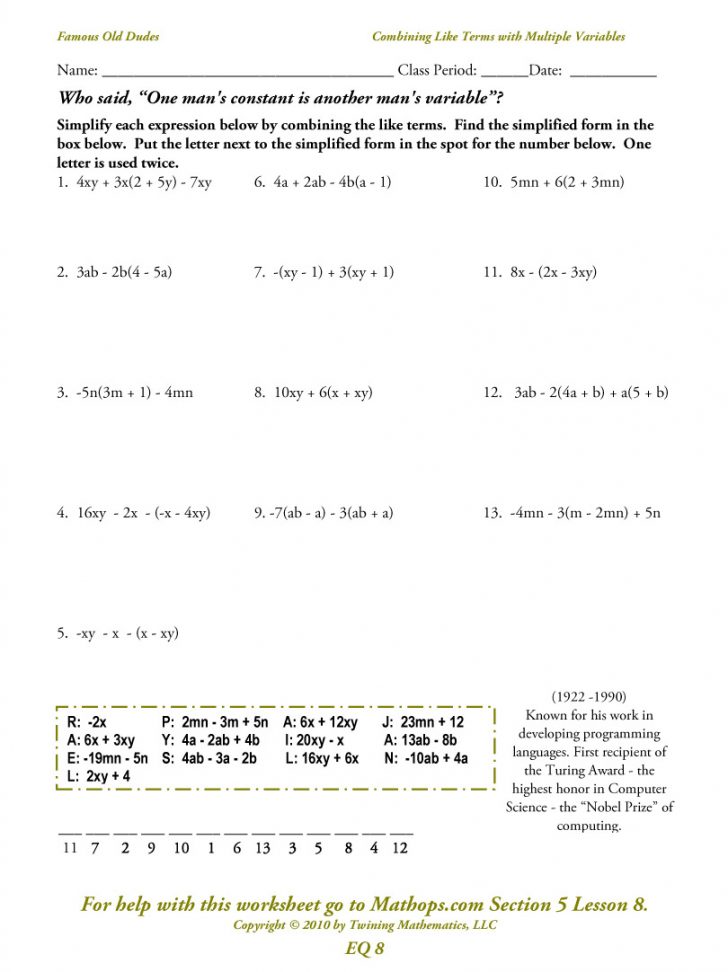 Eq08: Combining Like Terms With Multiple Variables - Combining Like ...
