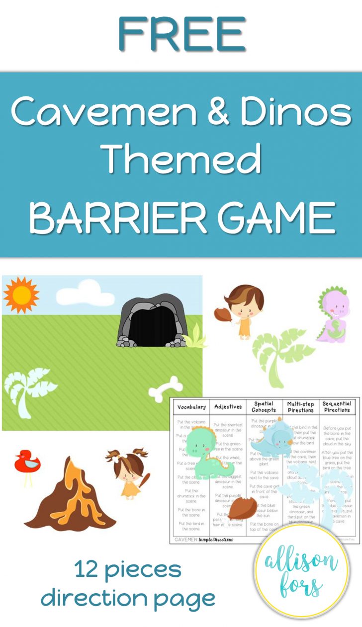 Free Cavemen And Dinos Themed Barrier Game Speech Therapy | Printable ...