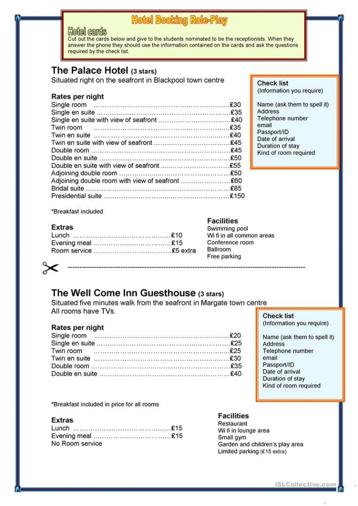 Hotel Reservation Worksheet - Free Esl Printable Worksheets Made ...