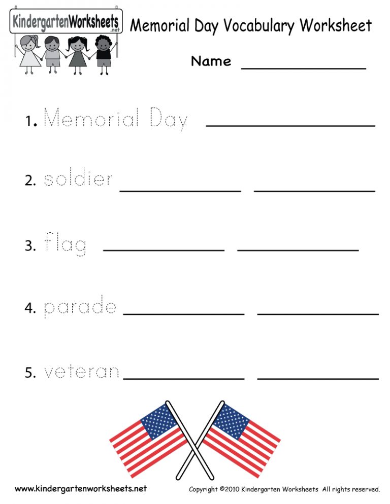 Kindergarten Memorial Day Vocabulary Worksheet Printable | Free ...
