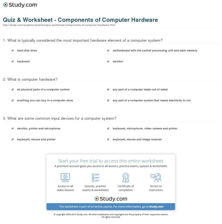 Quiz & Worksheet - Components Of Computer Hardware | Study | Parts Of A ...