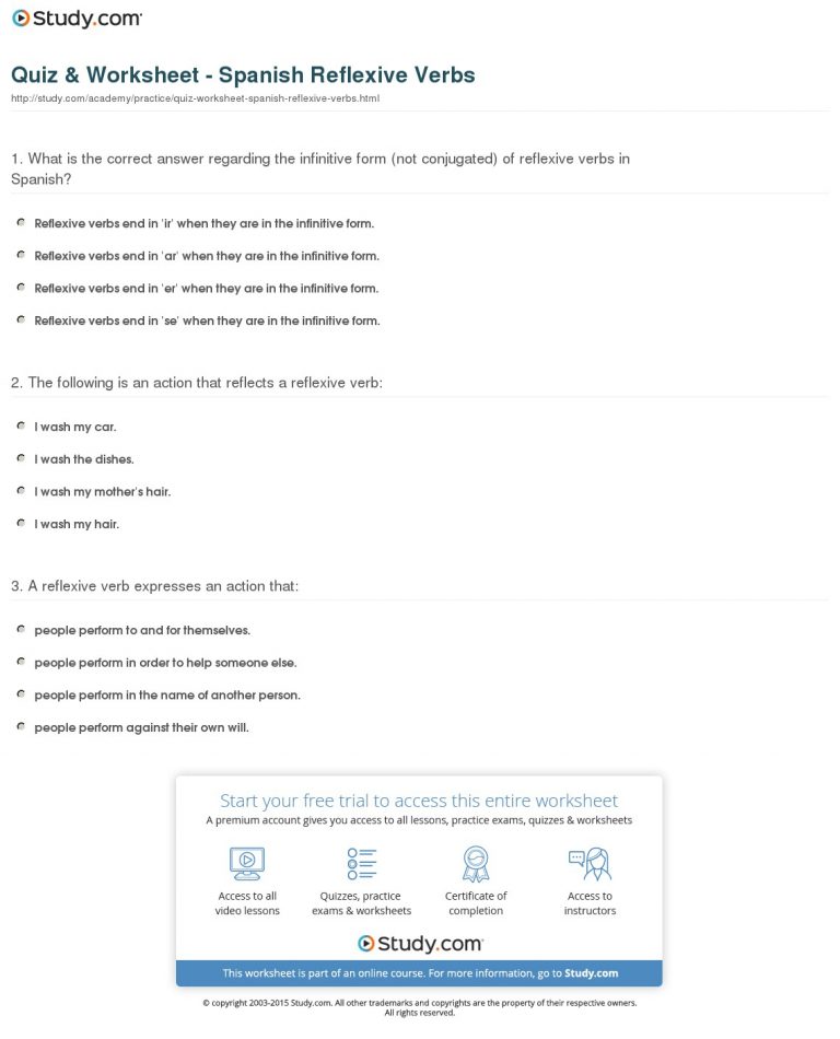 Quiz & Worksheet - Spanish Reflexive Verbs | Study | Spanish Reflexive ...