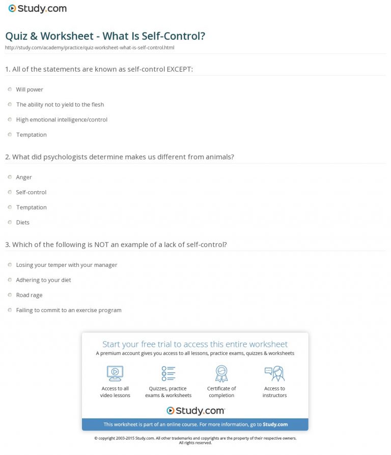 Quiz & Worksheet - What Is Self-Control? | Study | Free Printable Self ...