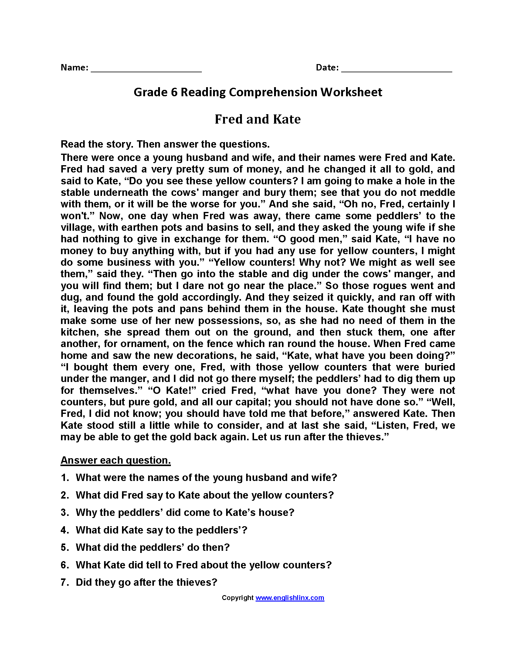 Printable Comprehension Worksheets For Grade 6 Printable Worksheets