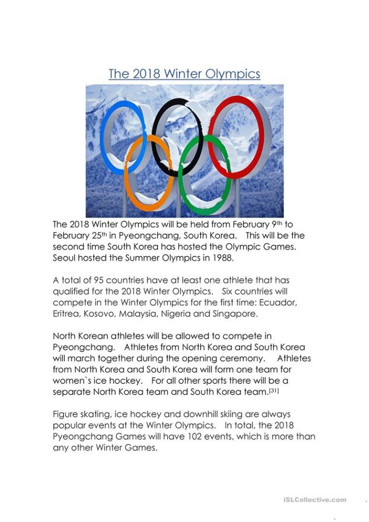 The 2018 Winter Olympics Worksheet - Free Esl Printable Worksheets ...