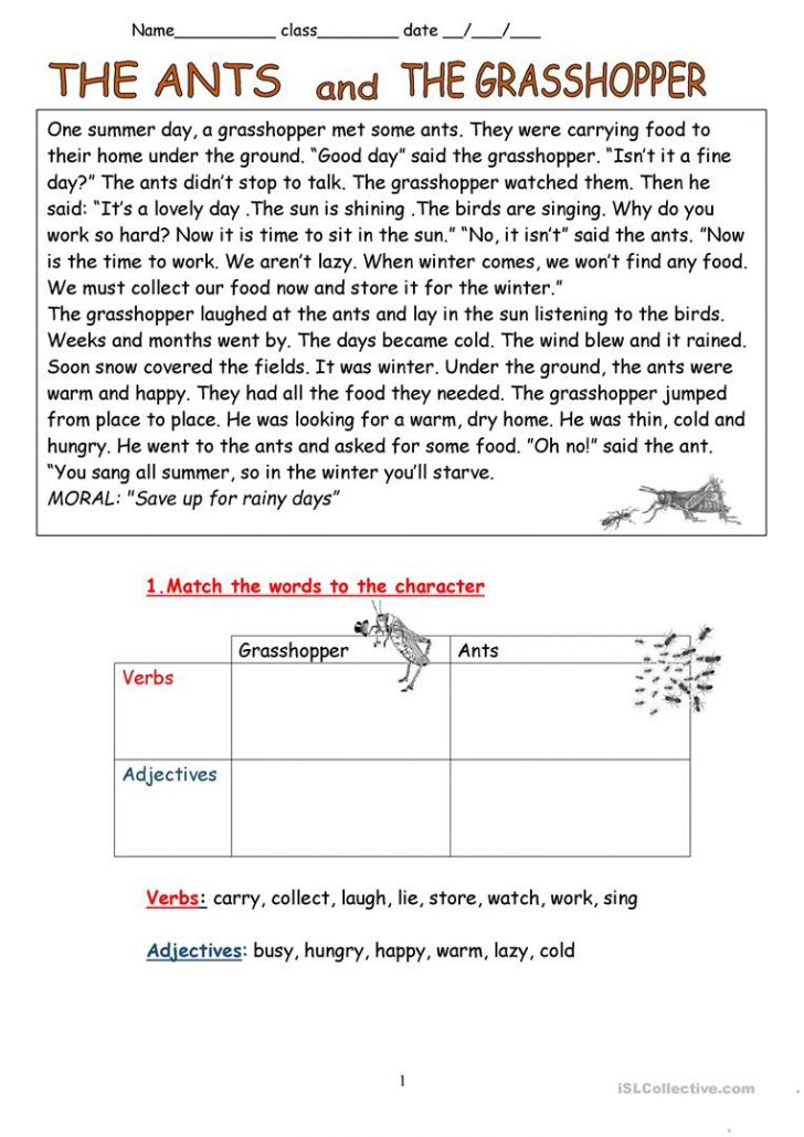 The Ants And The Grasshopper- Fable Worksheet - Free Esl Printable ...