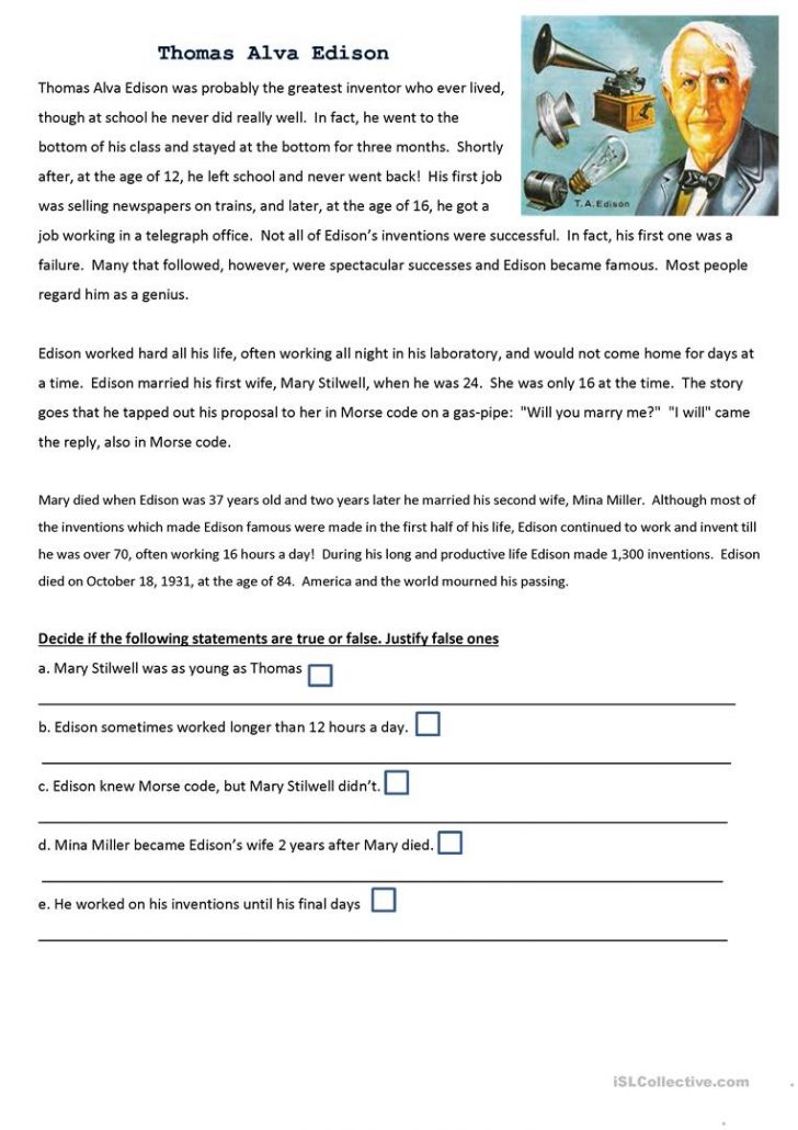 Thomas Alva Edison Worksheet - Free Esl Printable Worksheets Made ...